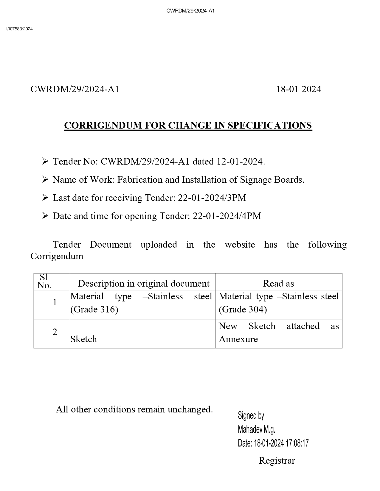 Corrigendum for change in specification of the tender invited for the Fabrication and ...
